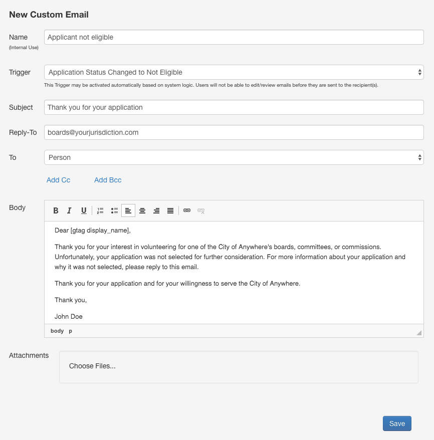 Custom Email Example: Applicant is Not Eligible | Granicus Support