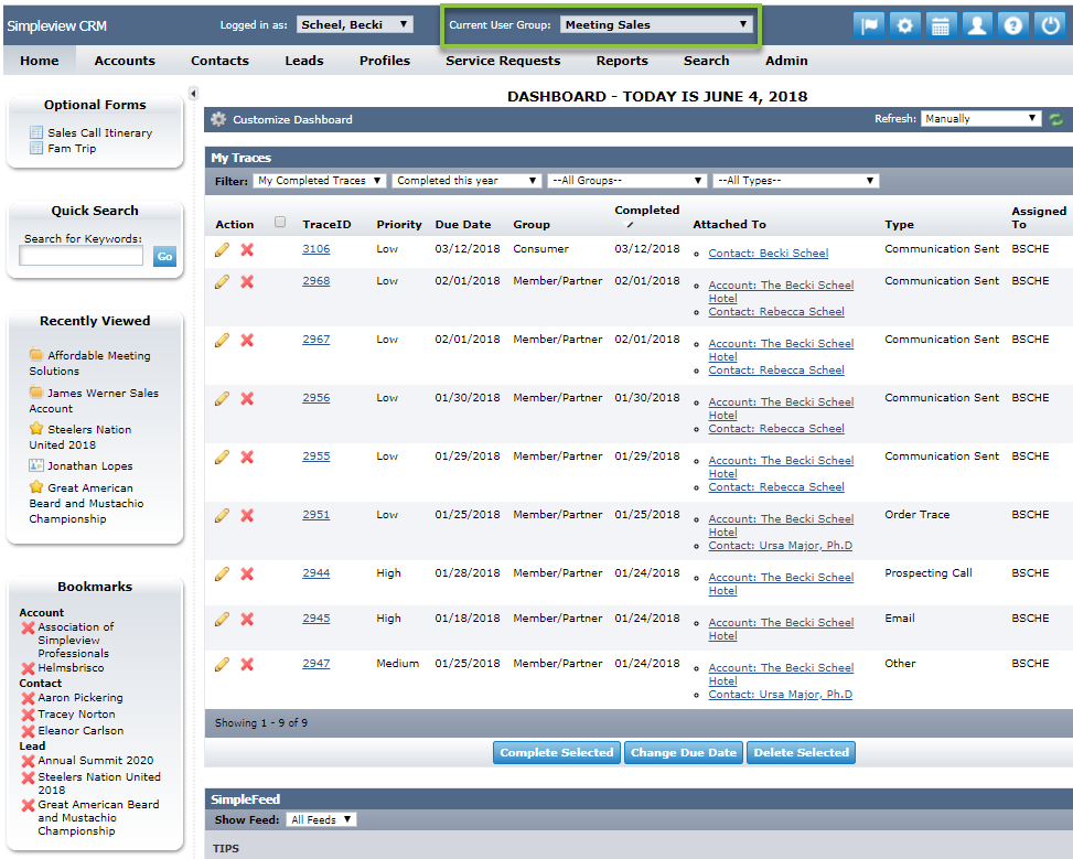 Recently Viewed Records in Your Simpleview CRM | Granicus Support